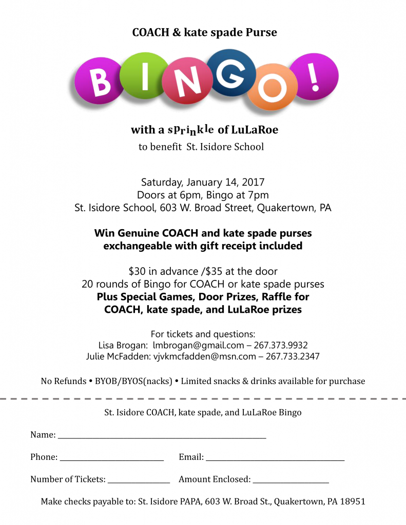 Coach/Kate Spade Purse and More Bingo – St. Isidore School